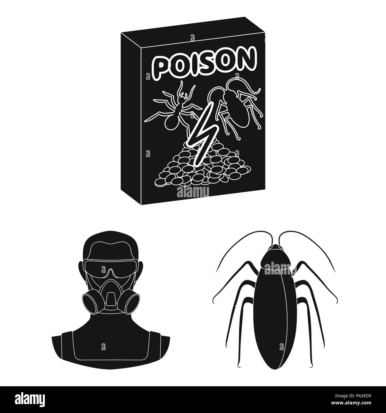 Pest, poison, personnel and equipment black icons in set collection for ...