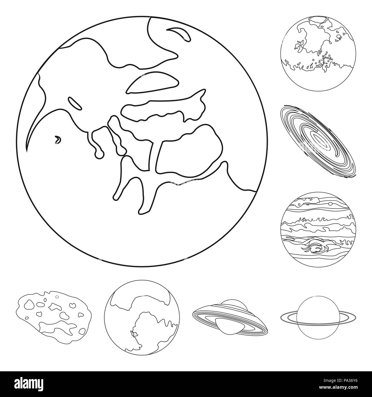 Planets of the solar system outline icons in set collection for design ...
