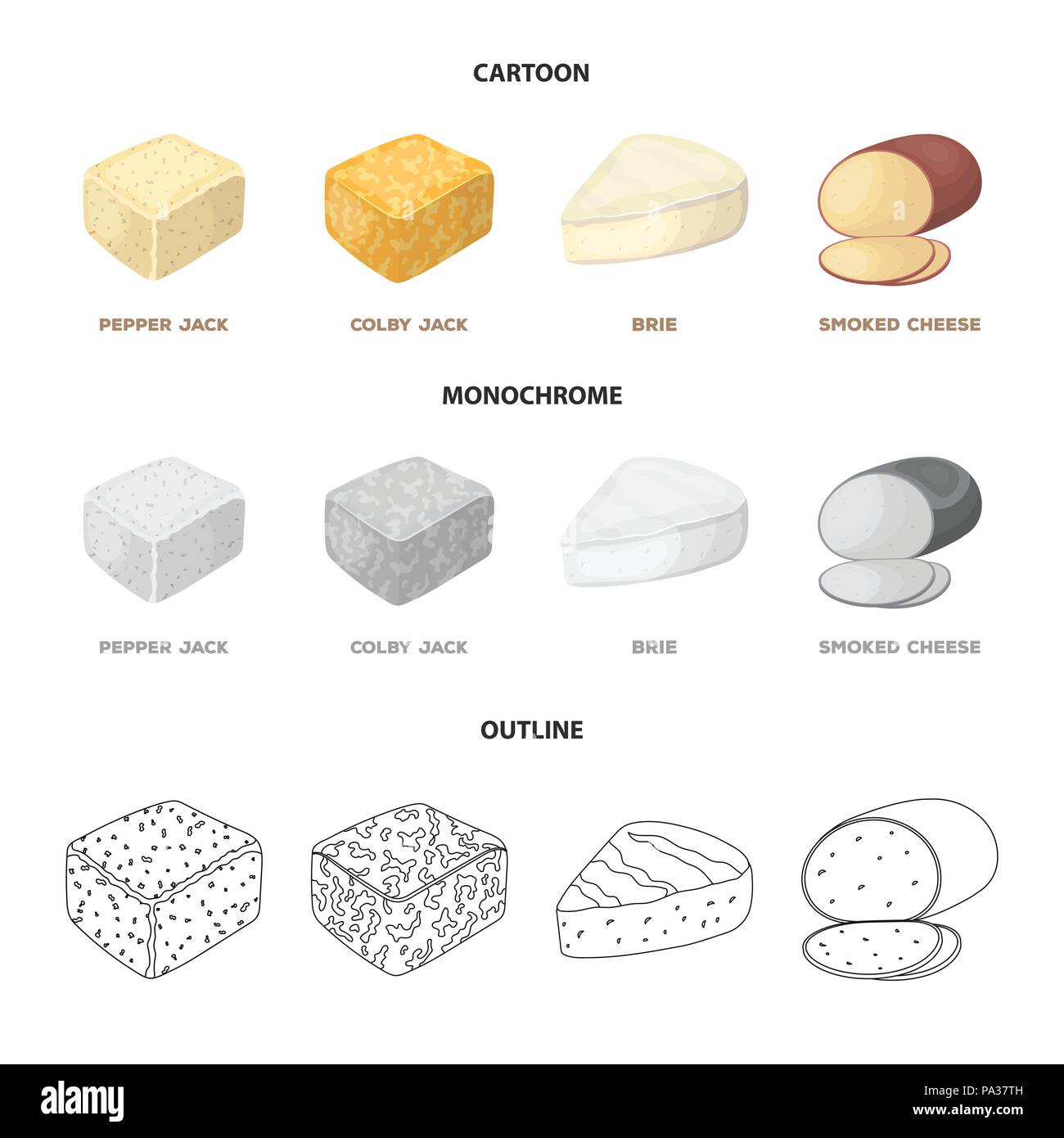 Brynza, smoked, colby jack, pepper jack.Different types of cheese set ...