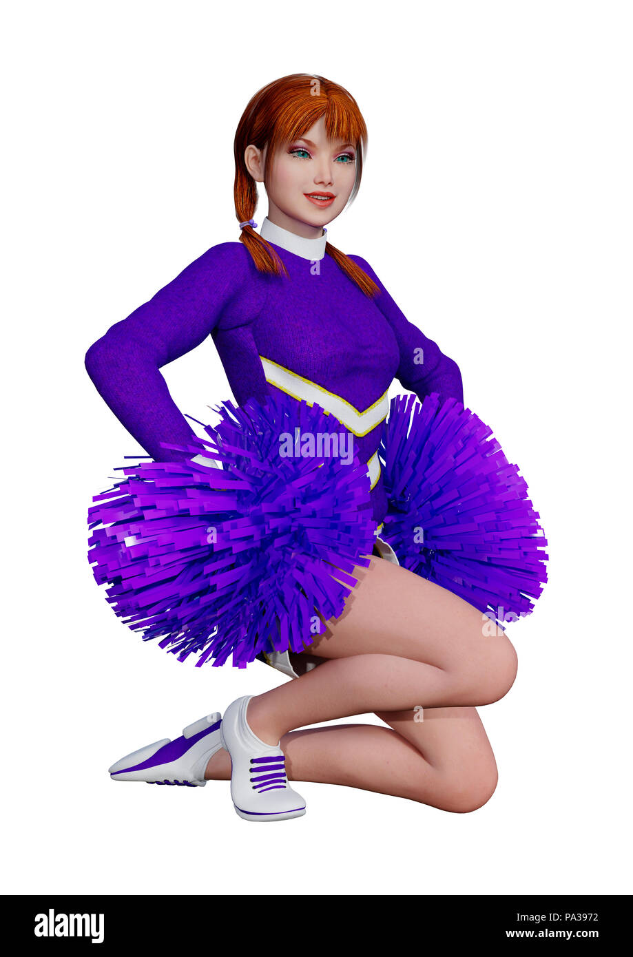 3D rendering of a young cheerleader with pompoms isolated on white ...