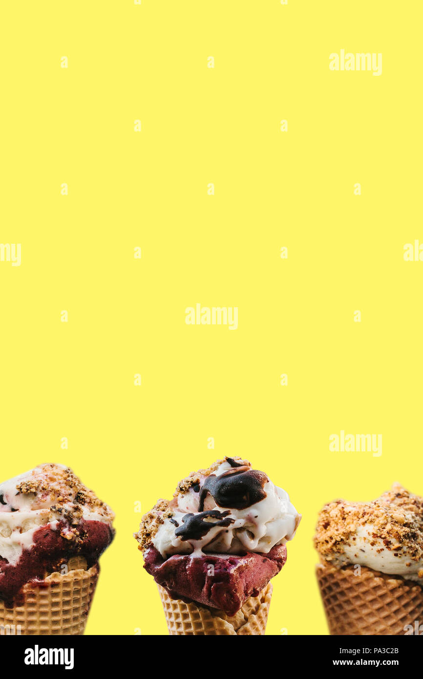Original idea of a set of ice cream on a yellow background. Summer ...