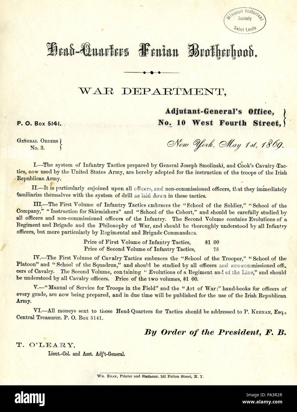 697 General Orders No. 3 of T. O'Leary, Headquarters, Fenian ...