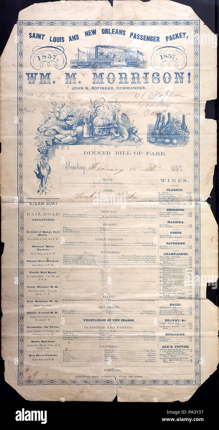 568 Dinner bill of fare on board St. Louis-New Orleans passenger packet ...