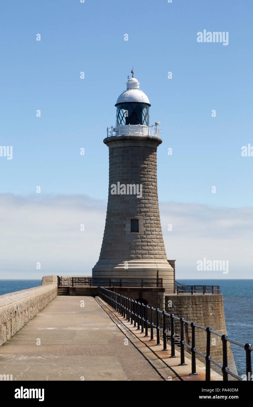 Tynemouth Lighthouse at Tynemouth in England. The lighthouse stands on ...