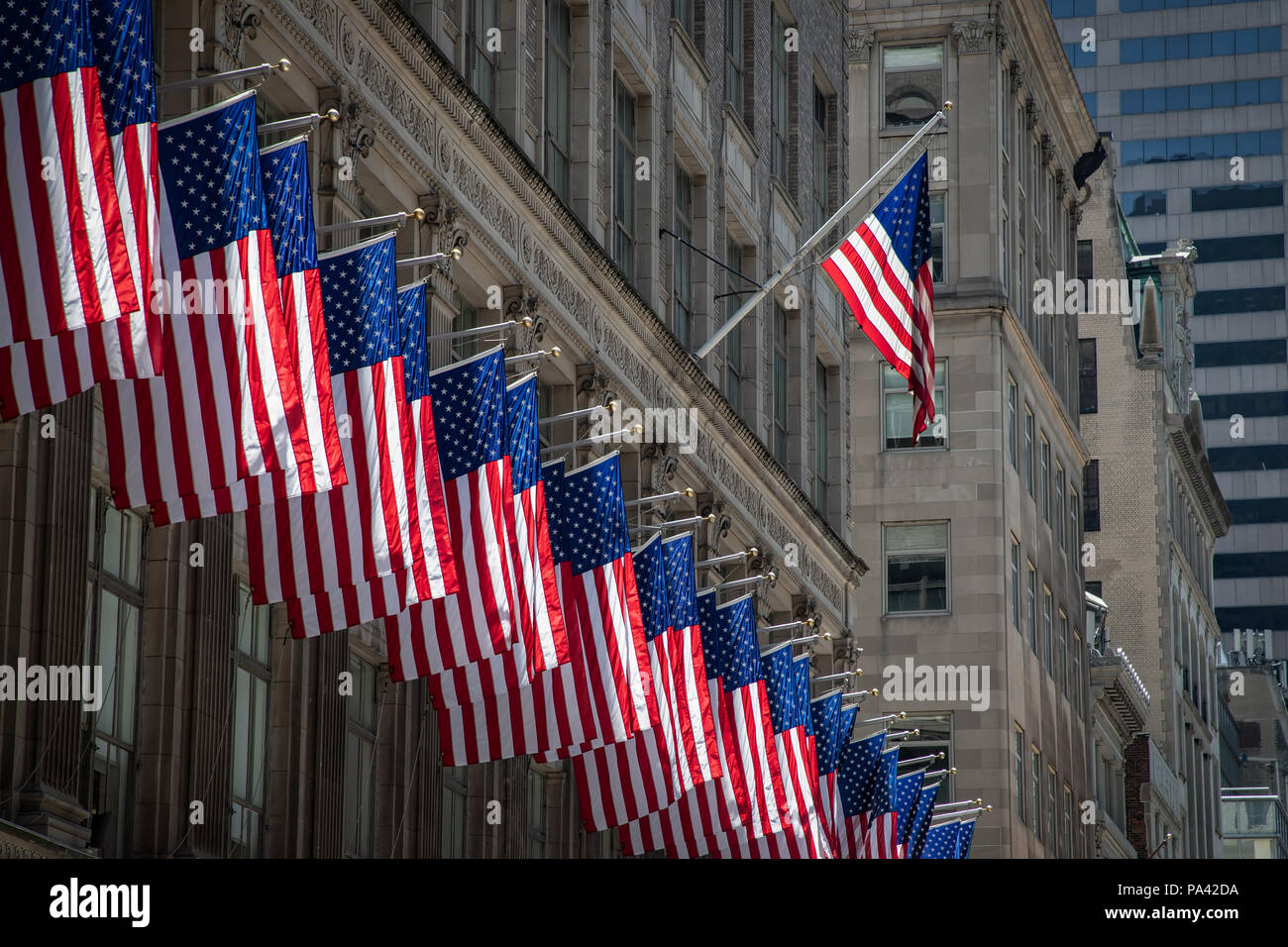 Multiple American flags blowing in the wind while hanging from ...