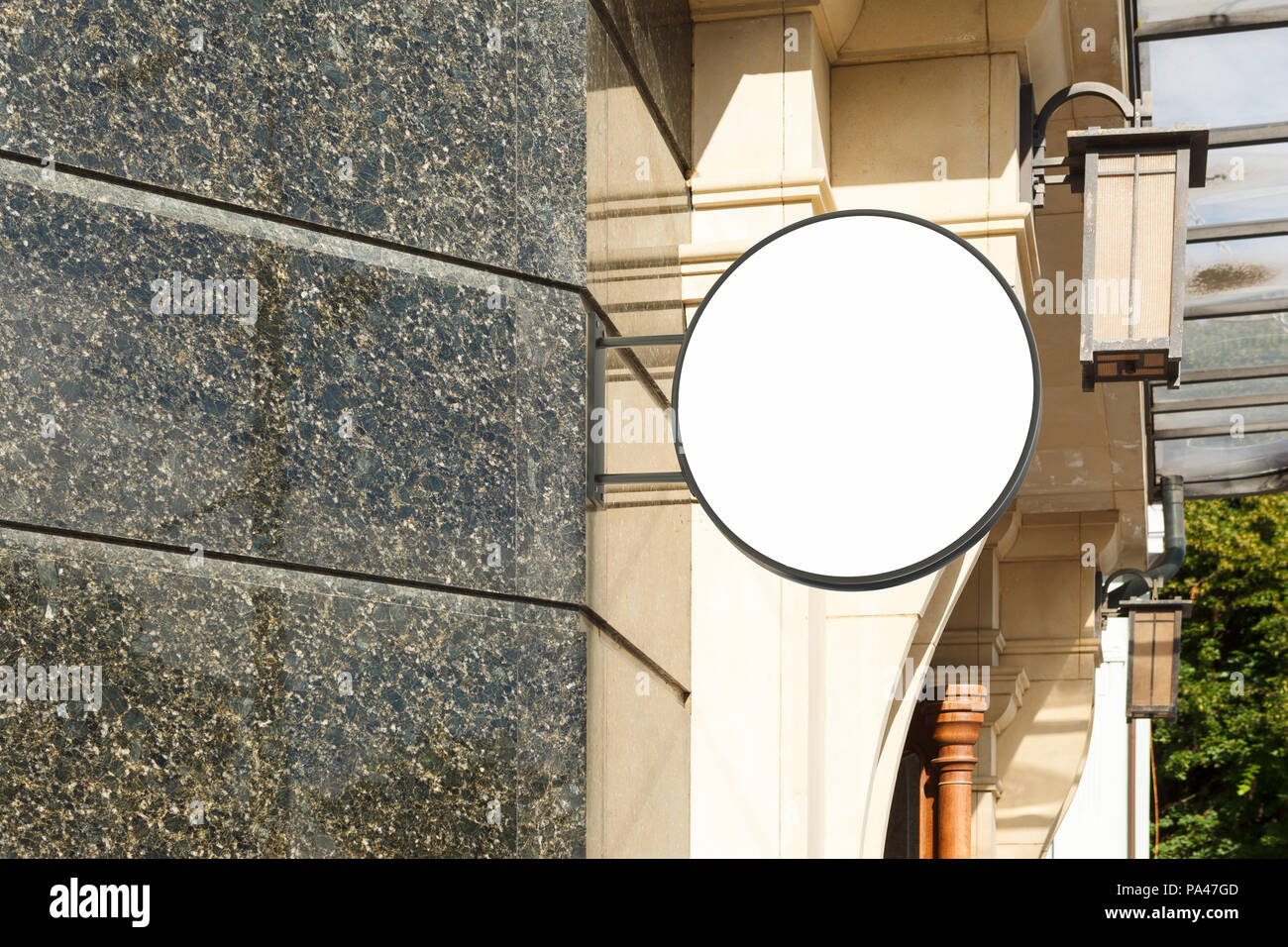 Blank shop sign on granite wall. Round signage mockup. 3d illustration ...
