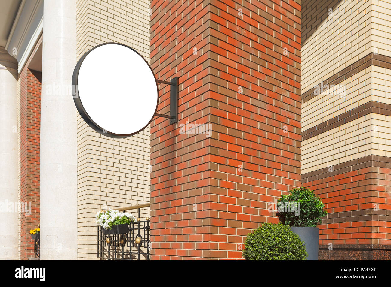 Blank shop sign om brick wall. Round signage mockup. 3d illustration ...
