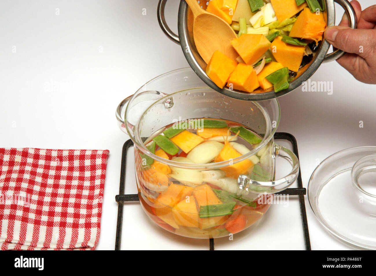 Vegetables soup. Step by step. Prepared dish: BJT2C0 Stock Photo - Alamy