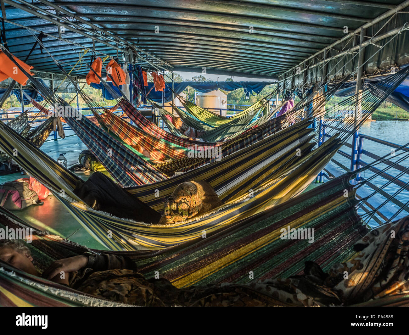 Amazon River, Peru - March 25, 2018: Beautiful, colorful hammocks on ...