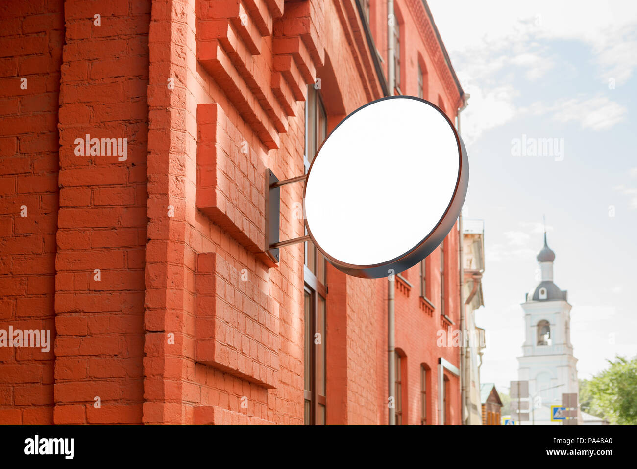 Blank shop sign om brick wall. Round signage mockup. 3d illustration ...