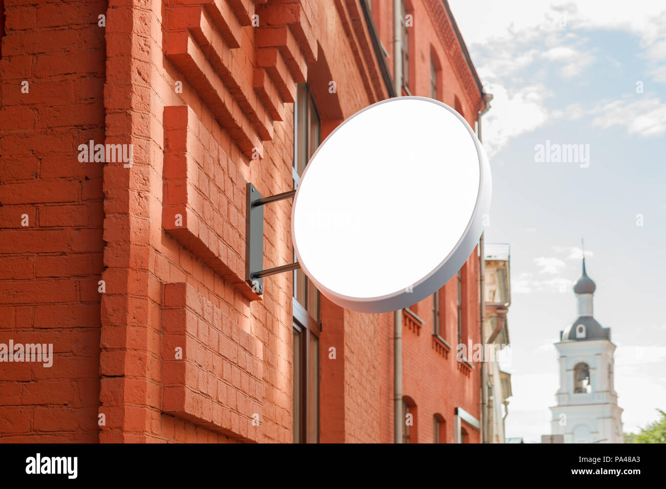 Blank shop sign om brick wall. Round signage mockup. 3d illustration ...