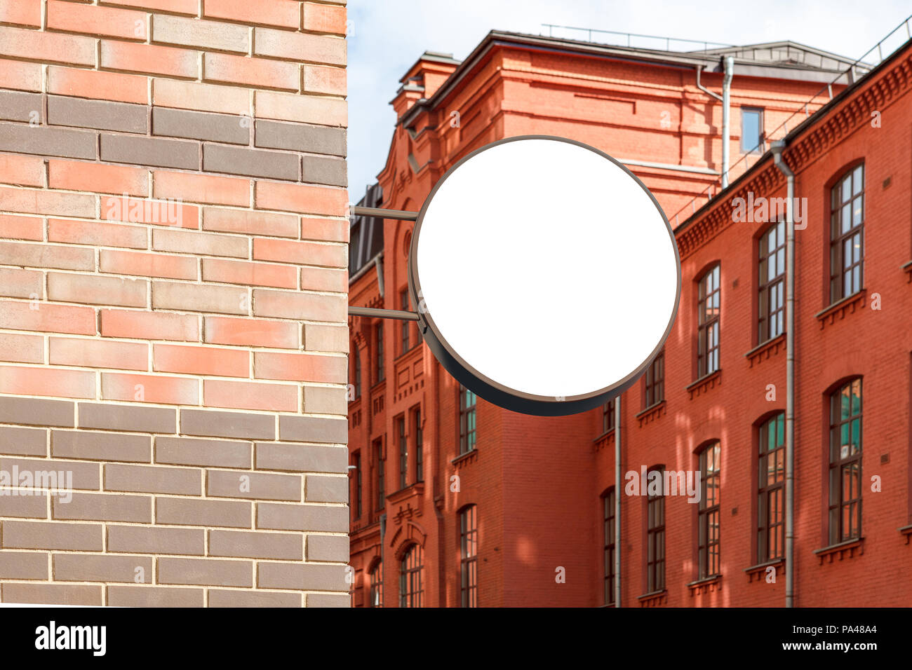 Blank shop sign om brick wall. Round signage mockup. 3d illustration ...
