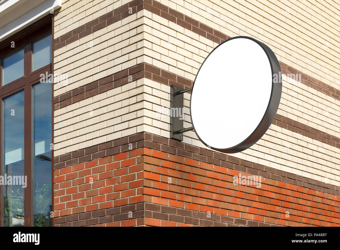 Blank shop sign om brick wall. Round signage mockup. 3d illustration ...