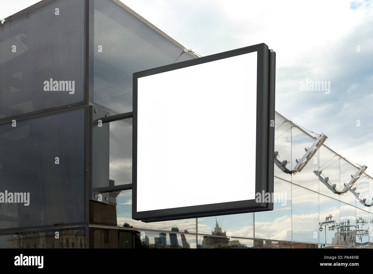 Blank shop sign on glass wall. Square signage mockup. 3d illustration ...