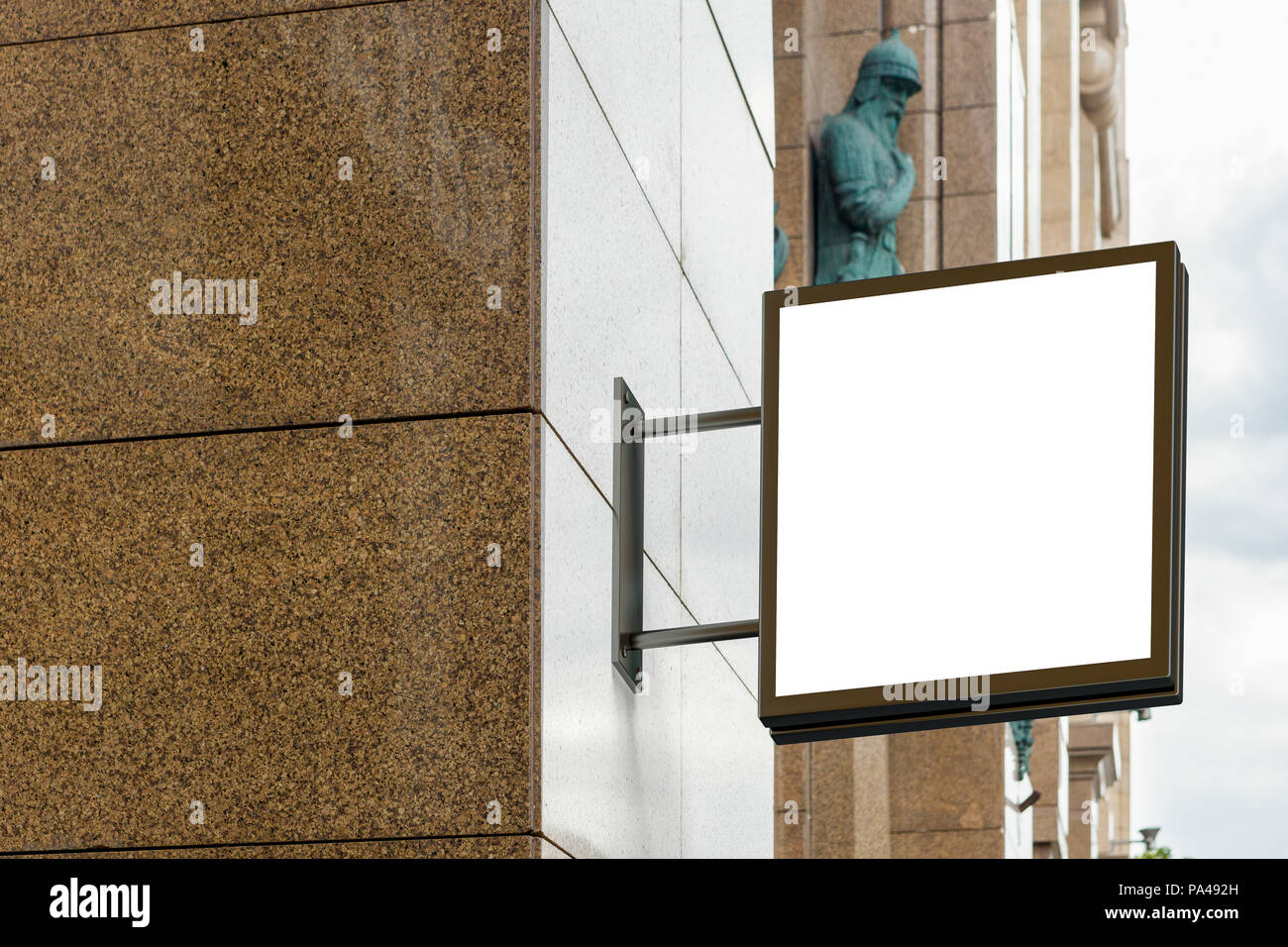 Blank shop sign on granite wall. Square signage mockup. 3d illustration ...