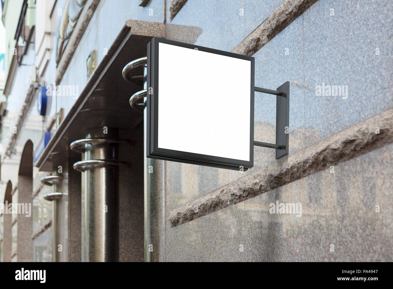 Blank shop sign on granite wall. Square signage mockup. 3d illustration ...