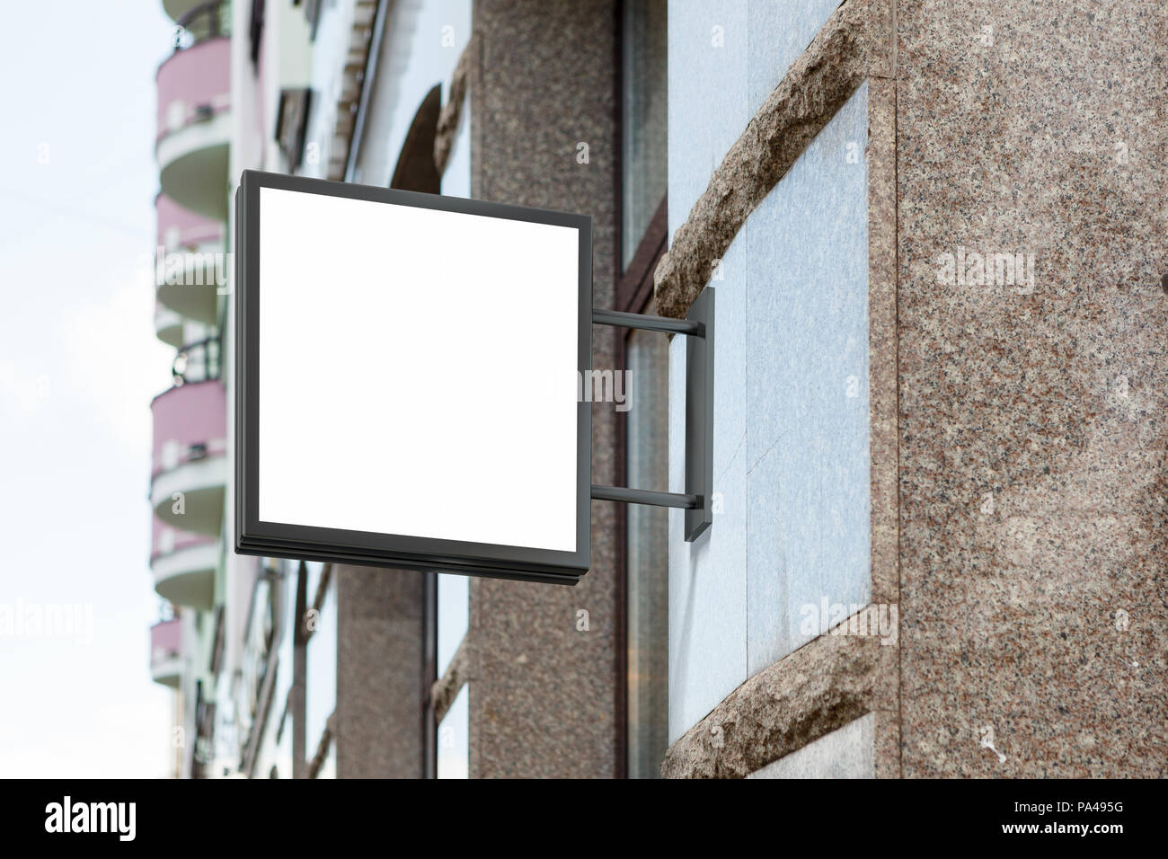 Blank shop sign on granite wall. Square signage mockup. 3d illustration ...