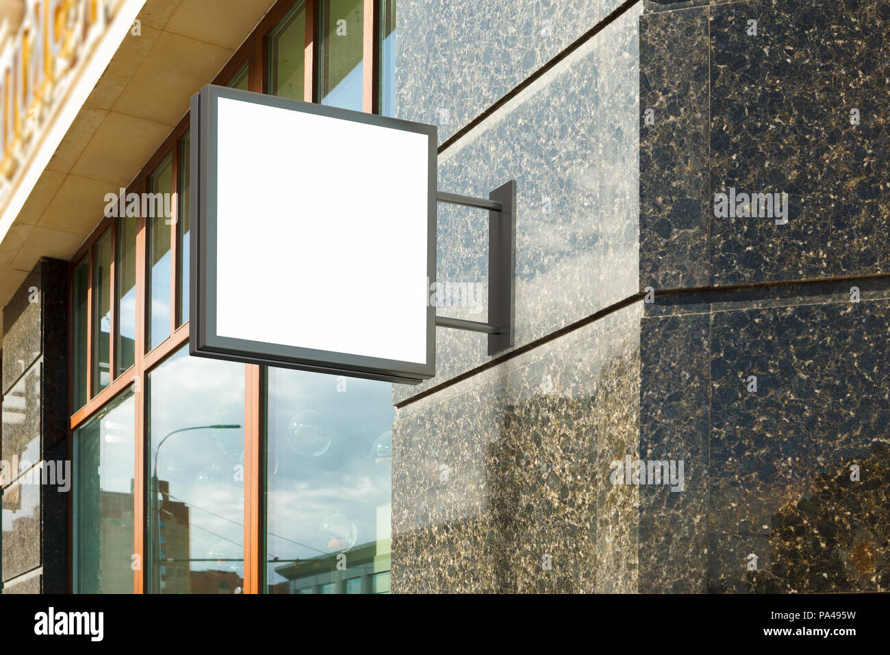 Blank shop sign on granite wall. Square signage mockup. 3d illustration ...