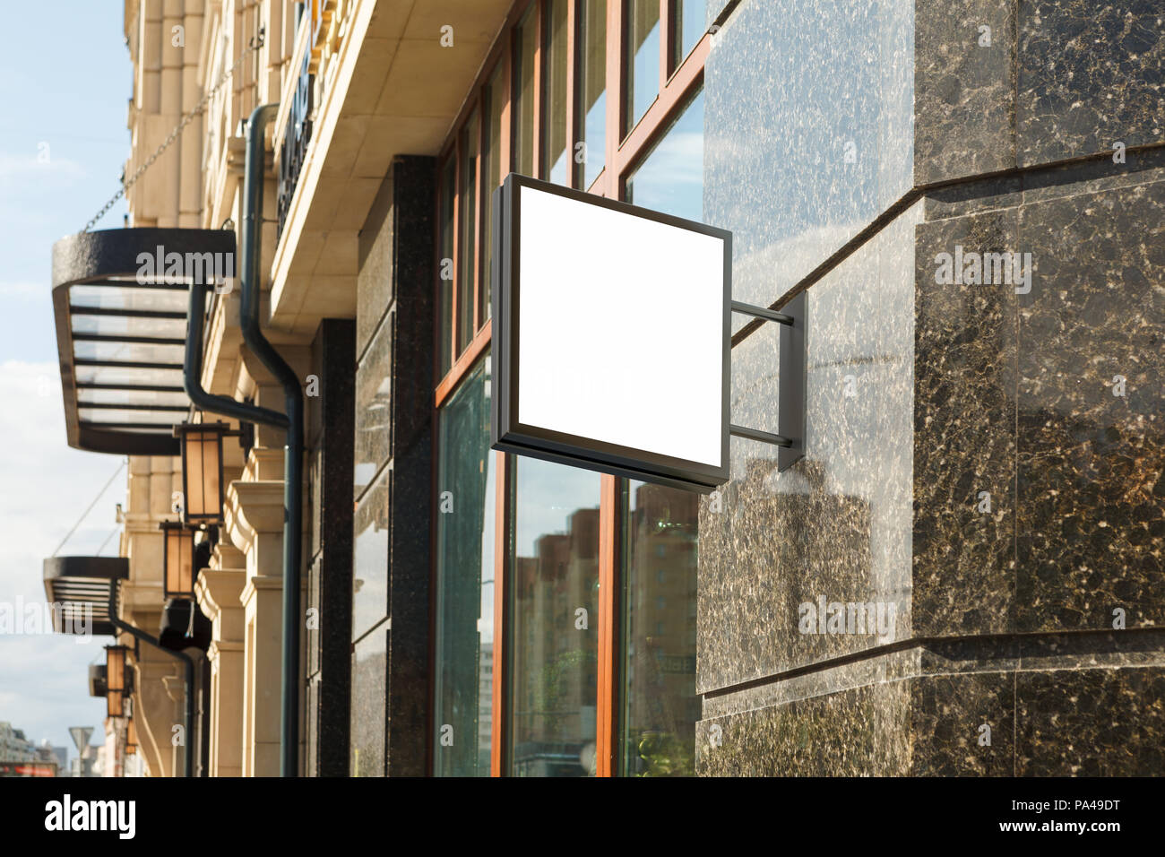 Blank shop sign on granite wall. Square signage mockup. 3d illustration ...