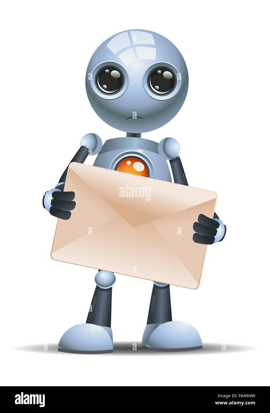 illustration of a happy droid little robot hold envelope on isolated ...