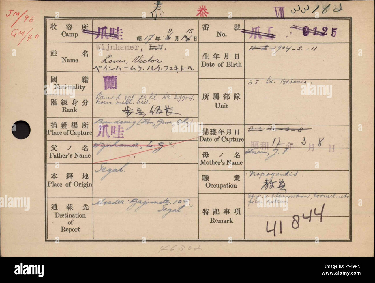 189 Pah Wongso's Japanese occupation registration card, obverse Stock ...