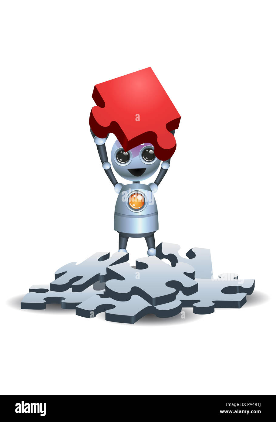 illustration of a happy droid little robot find different puzzle piece ...
