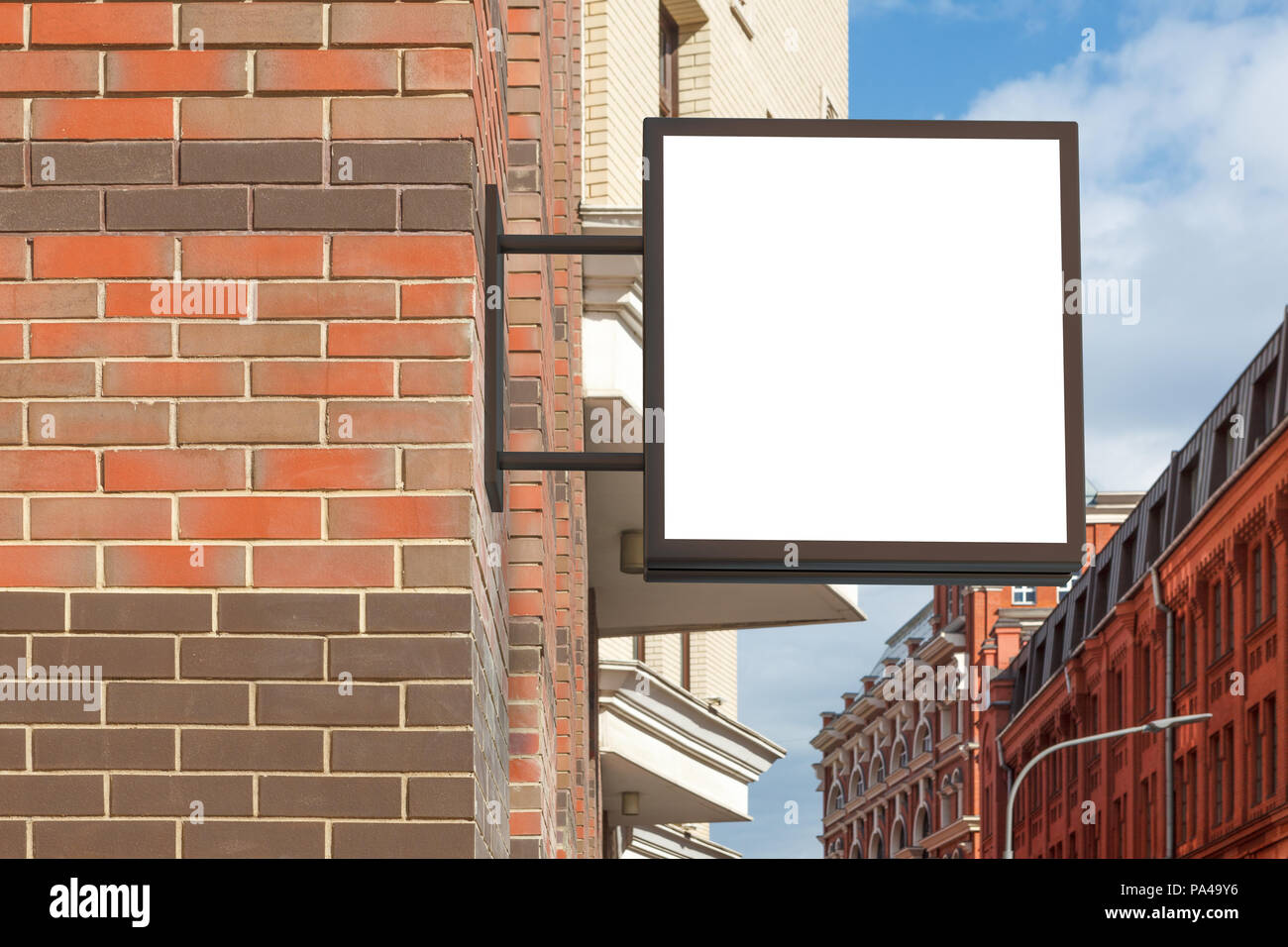 Blank shop sign on brick wall. Square signage mockup. 3d illustration ...