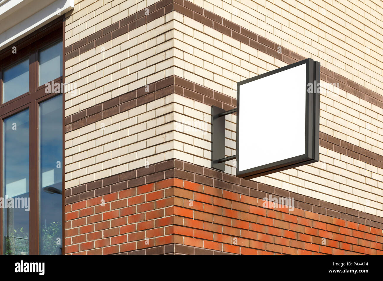 Blank shop sign on brick wall. Square signage mockup. 3d illustration ...