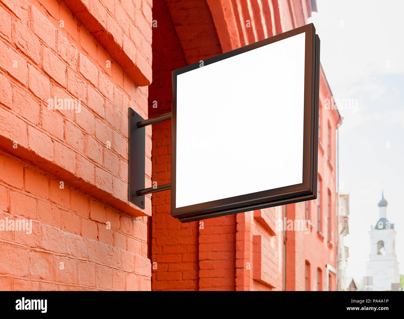Blank shop sign on brick wall. Square signage mockup. 3d illustration ...