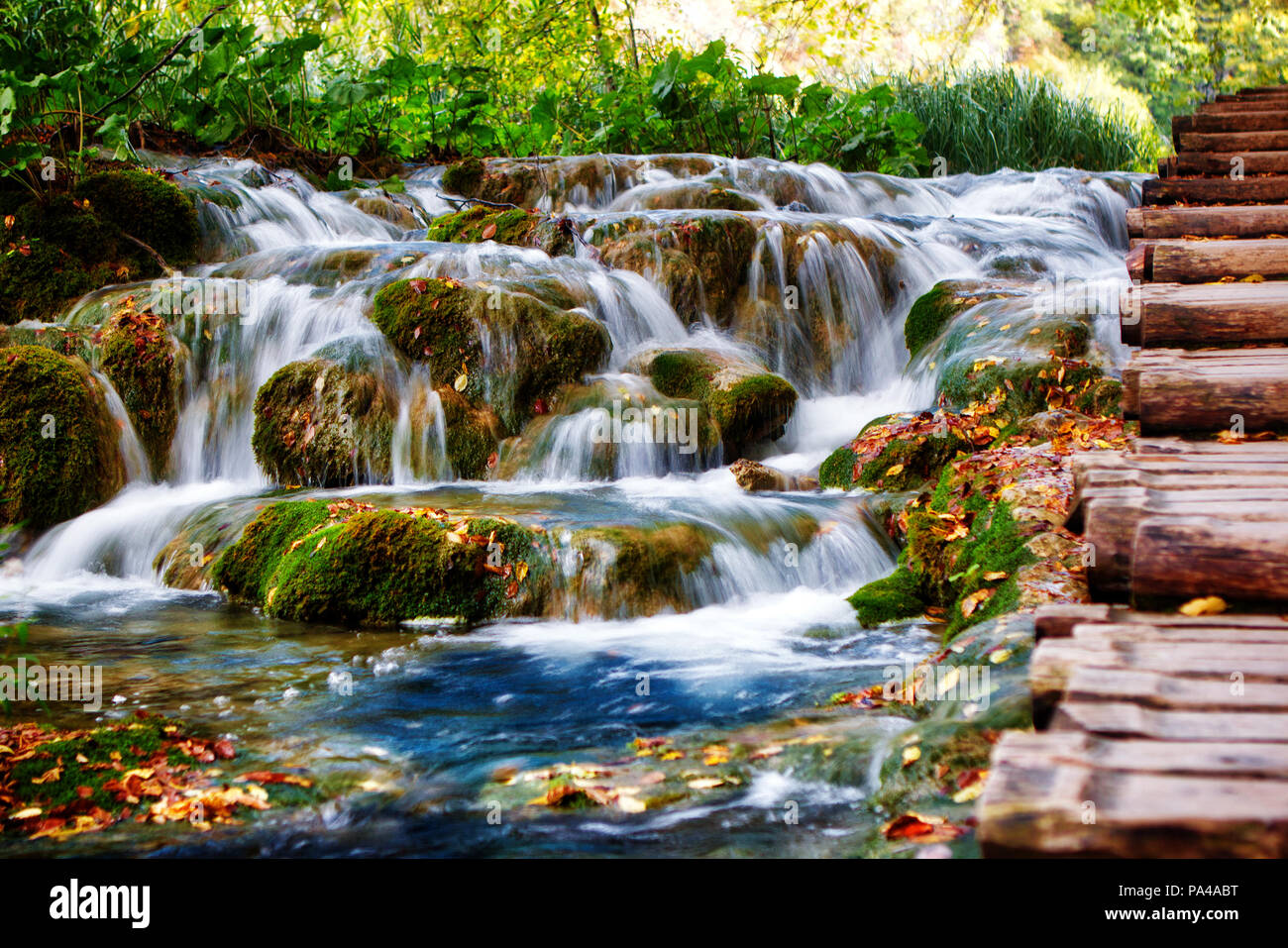 Small waterfall streams on mossy rocks near wooden trail Stock Photo ...