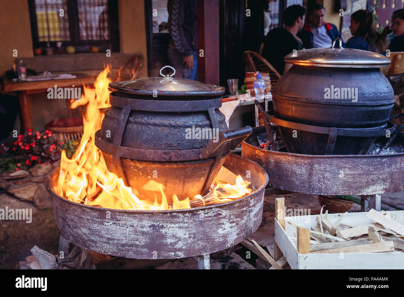 Food tent during famous annual Trumpet Festival in Guca village, Serbia ...