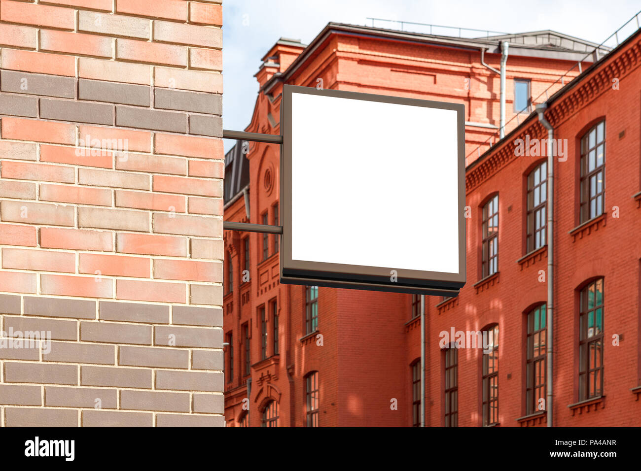 Blank shop sign on brick wall. Square signage mockup. 3d illustration ...