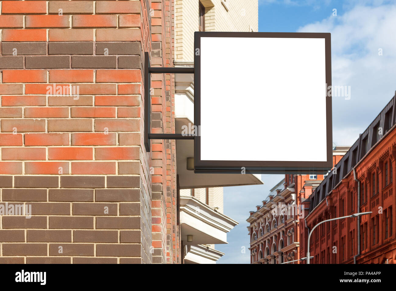 Blank shop sign on brick wall. Square signage mockup. 3d illustration ...