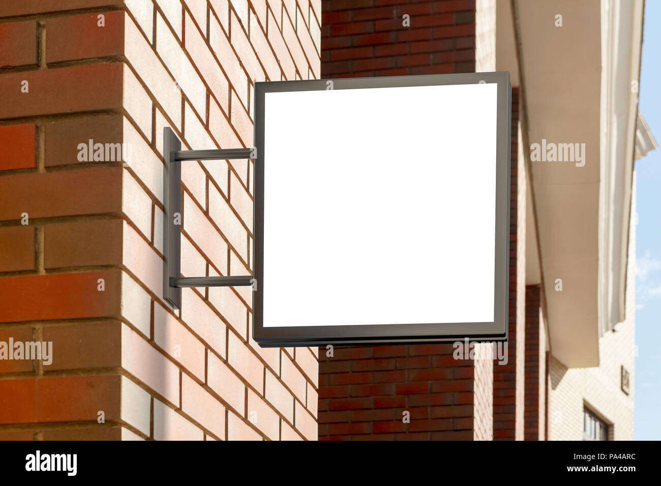 Blank shop sign on brick wall. Square signage mockup. 3d illustration ...