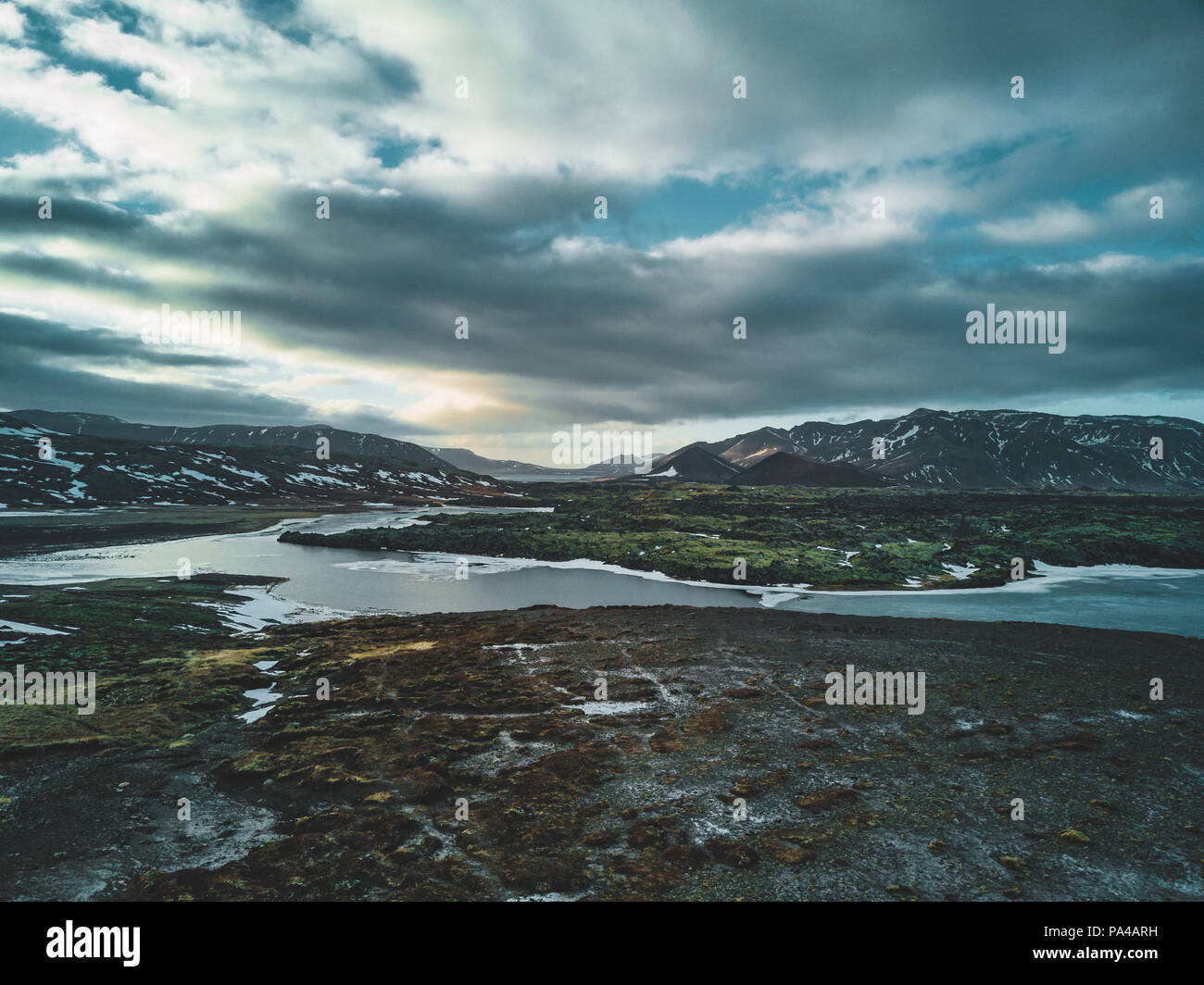 Aerial drone photo of a empty lake a huge volcanic mountain ...