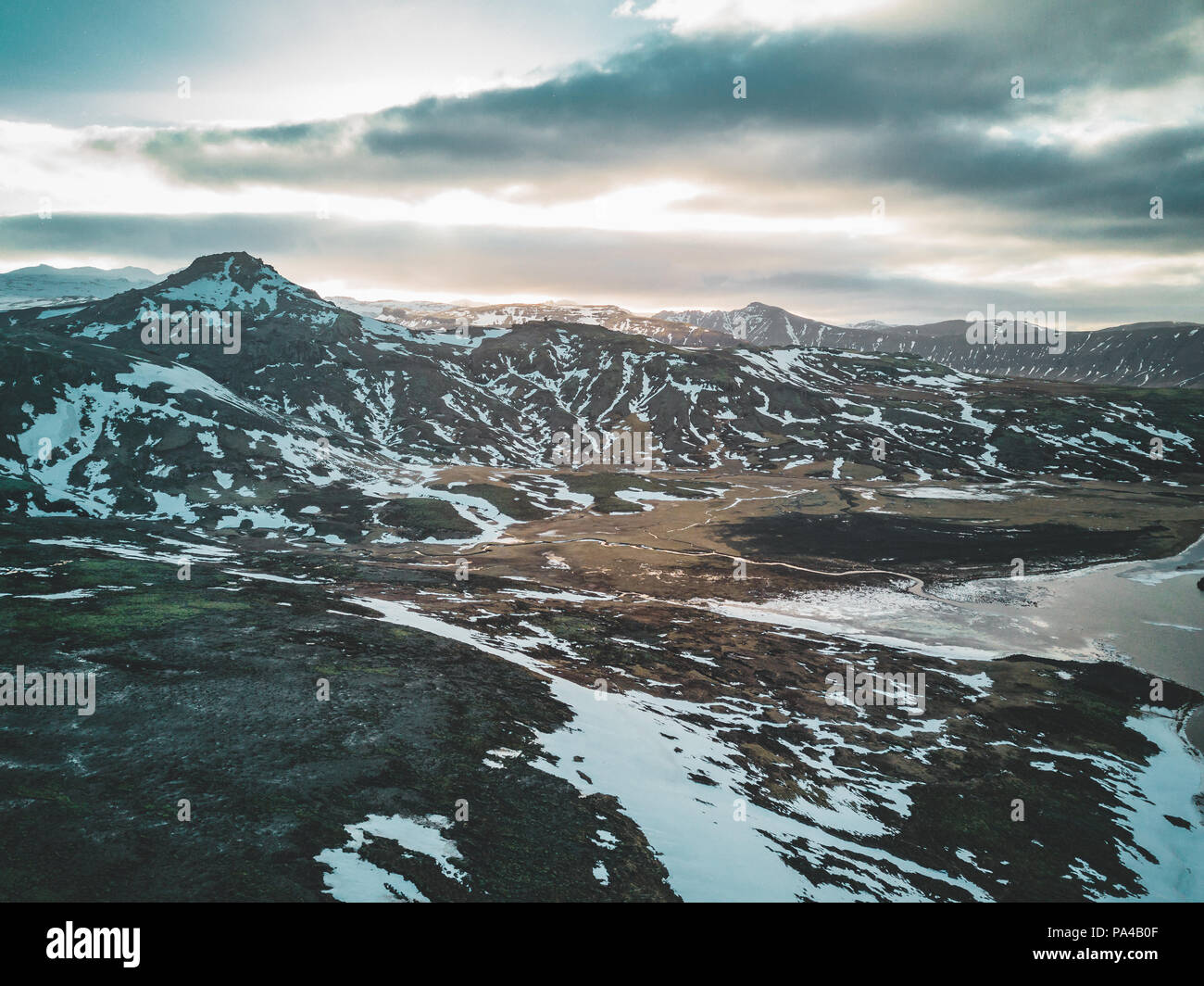 Aerial drone photo of a empty lake a huge volcanic mountain ...