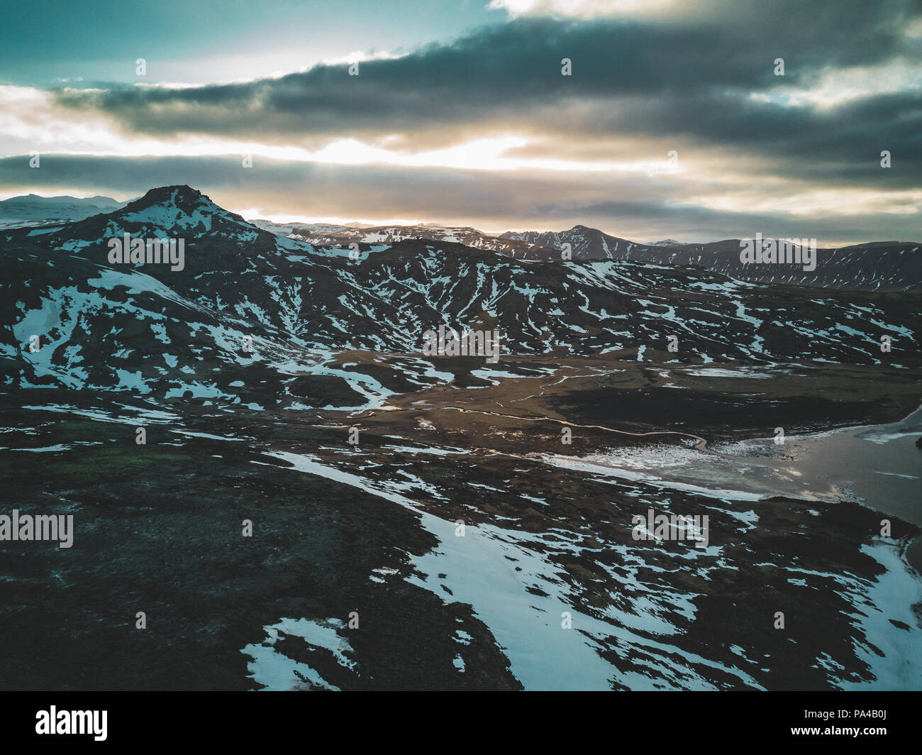 Aerial drone photo of a empty lake a huge volcanic mountain ...
