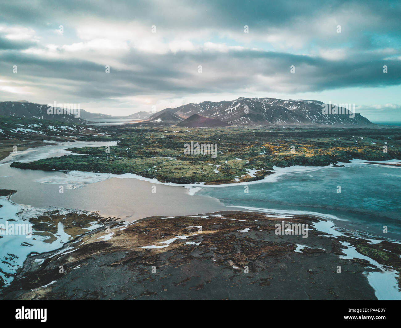 Aerial drone photo of a empty lake a huge volcanic mountain ...
