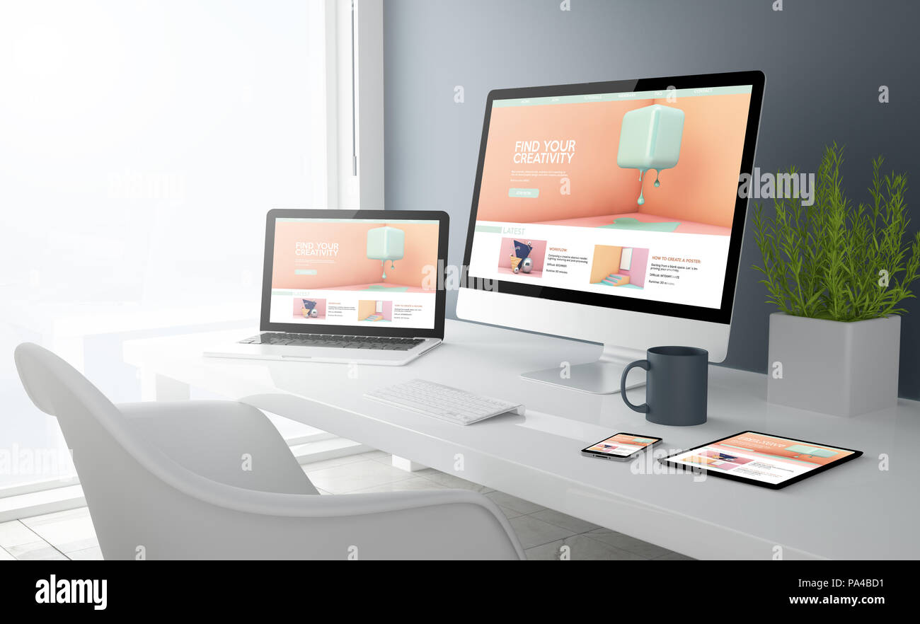 3d rendering of desktop with all devices showing creativity website. All screen graphics are ...