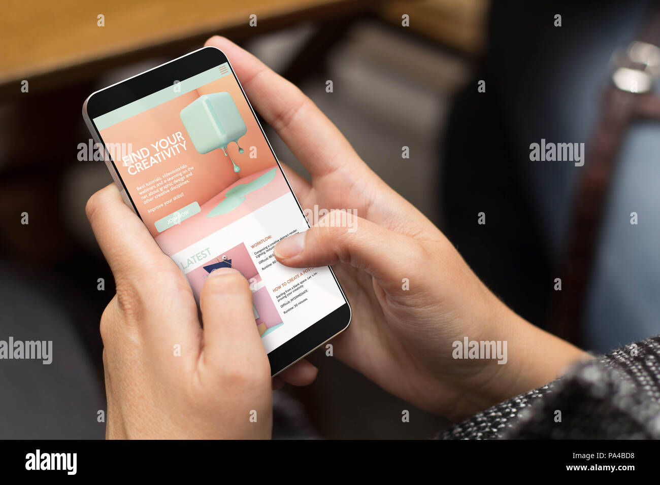 mobile design concept: girl using a digital generated phone with ...