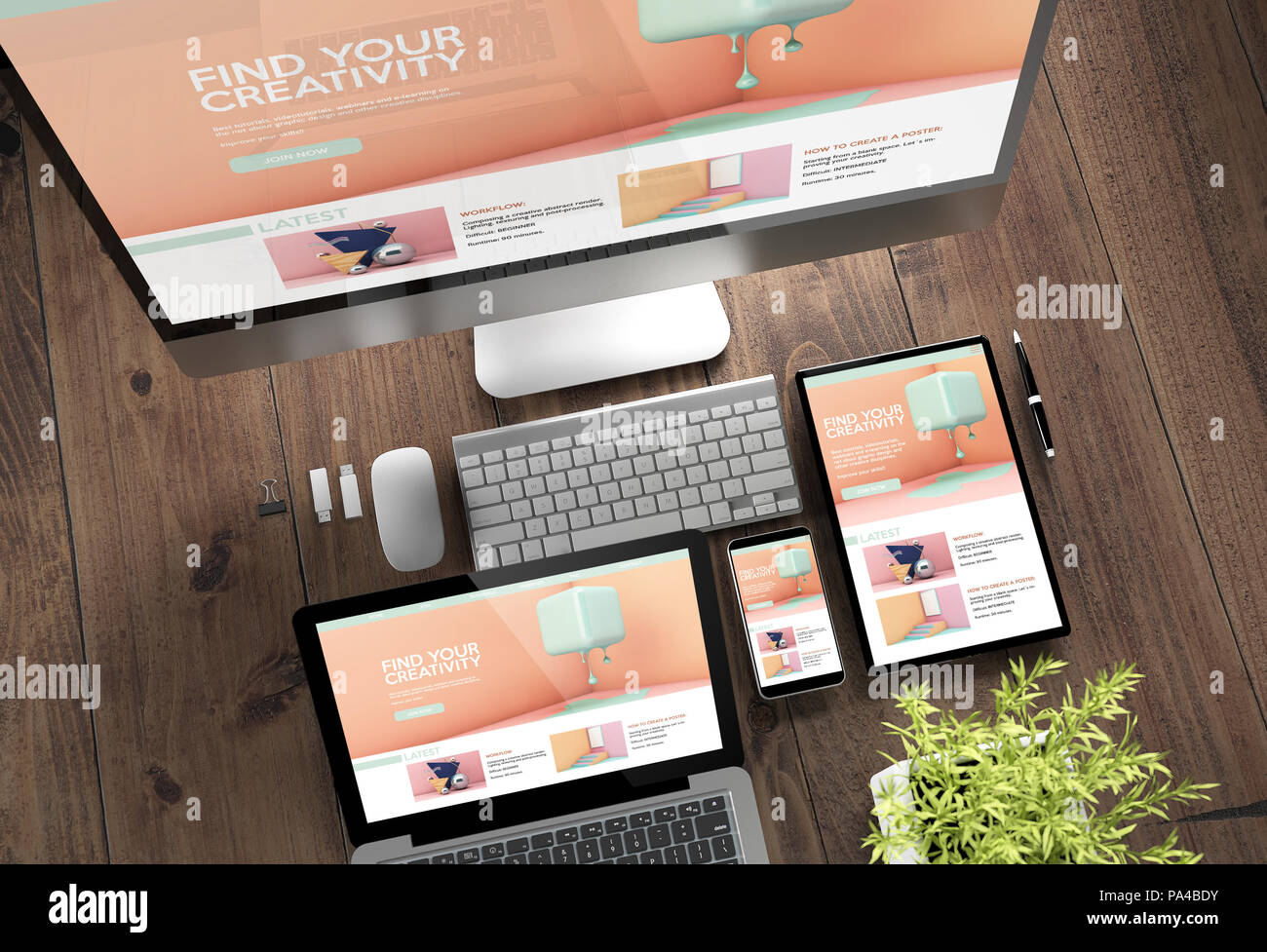 3d rendering top view of devices with creativity tutorials responsive ...