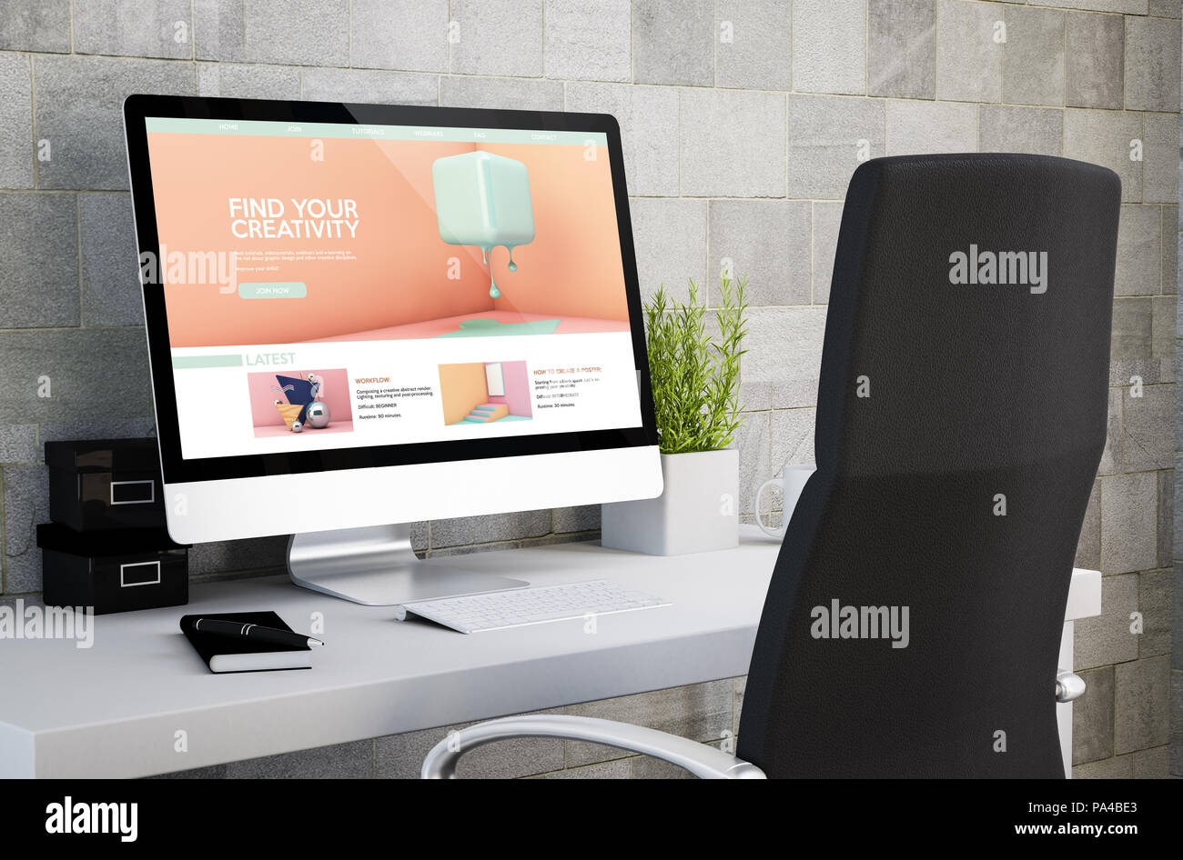 3d rendering of industrial workspace showing creativity website on computer screen. All screen ...