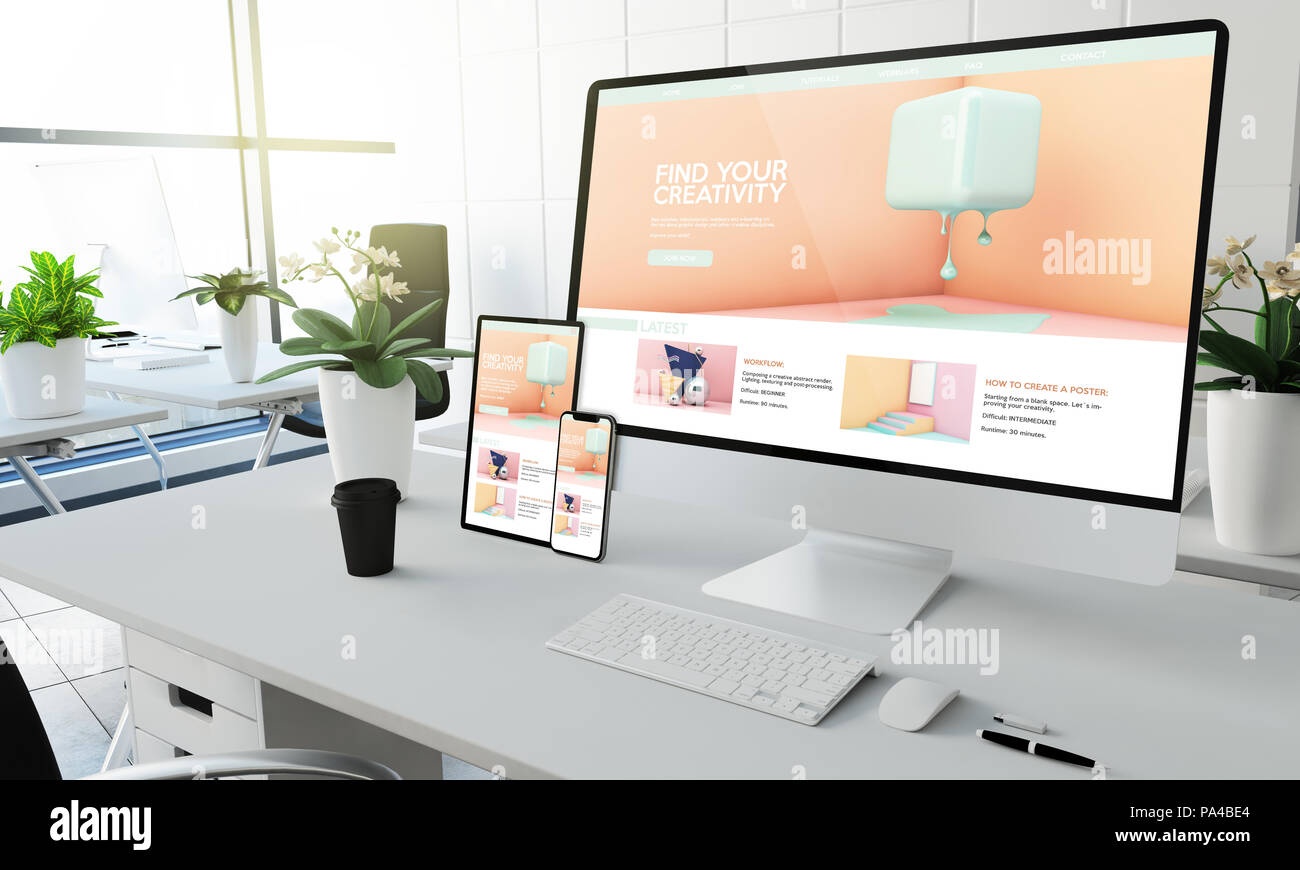 creative tutorials screen devices mockup at coworking office 3d ...