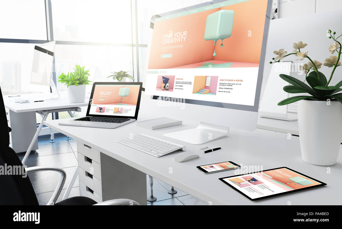 office responsive devices creativity tutorials 3d rendering Stock Photo - Alamy