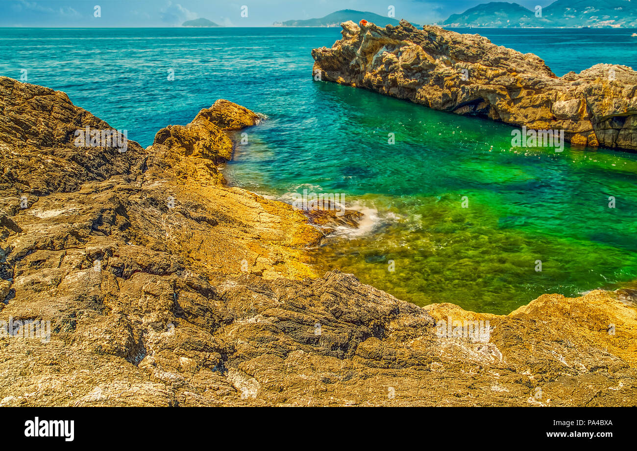Cinque Terre in Italy, crystal clear water of Mediterranean sea Stock ...