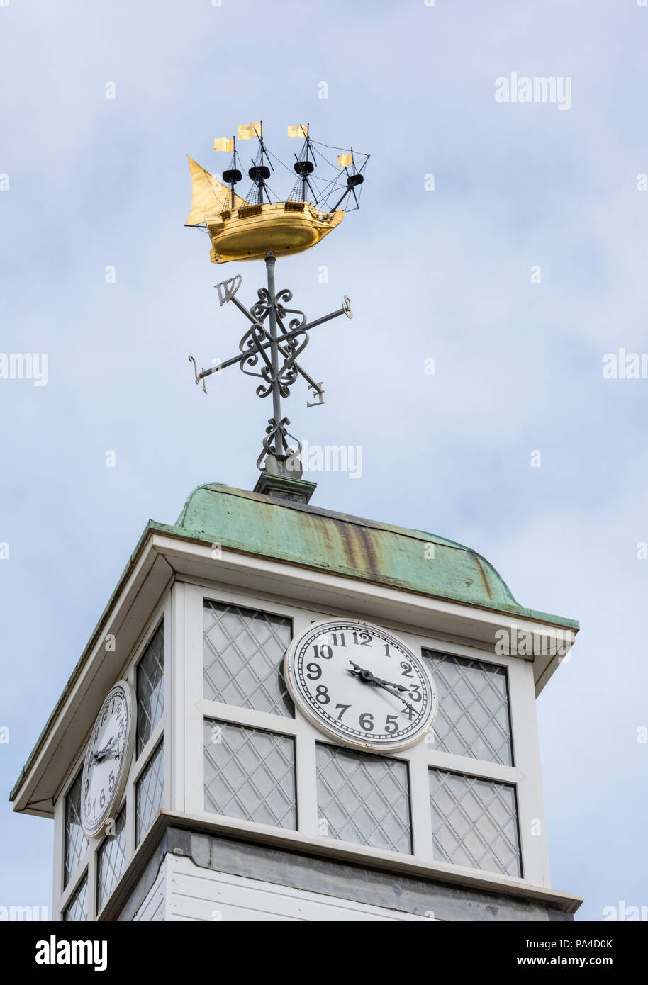 the weather vane on the clock tower at newlyn fishing harbour in ...