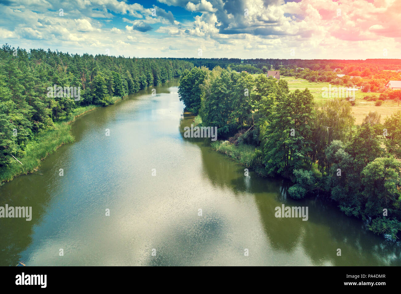 Aerial view of the countryside and river. Forest along the river Stock ...