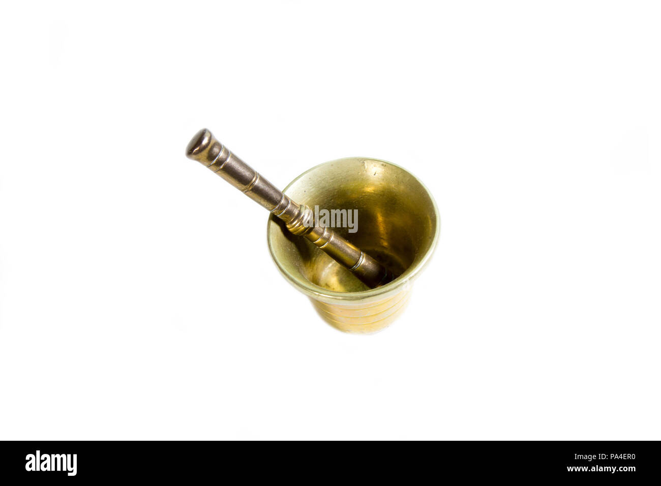 Metal mortar on a white background seen from above Stock Photo - Alamy