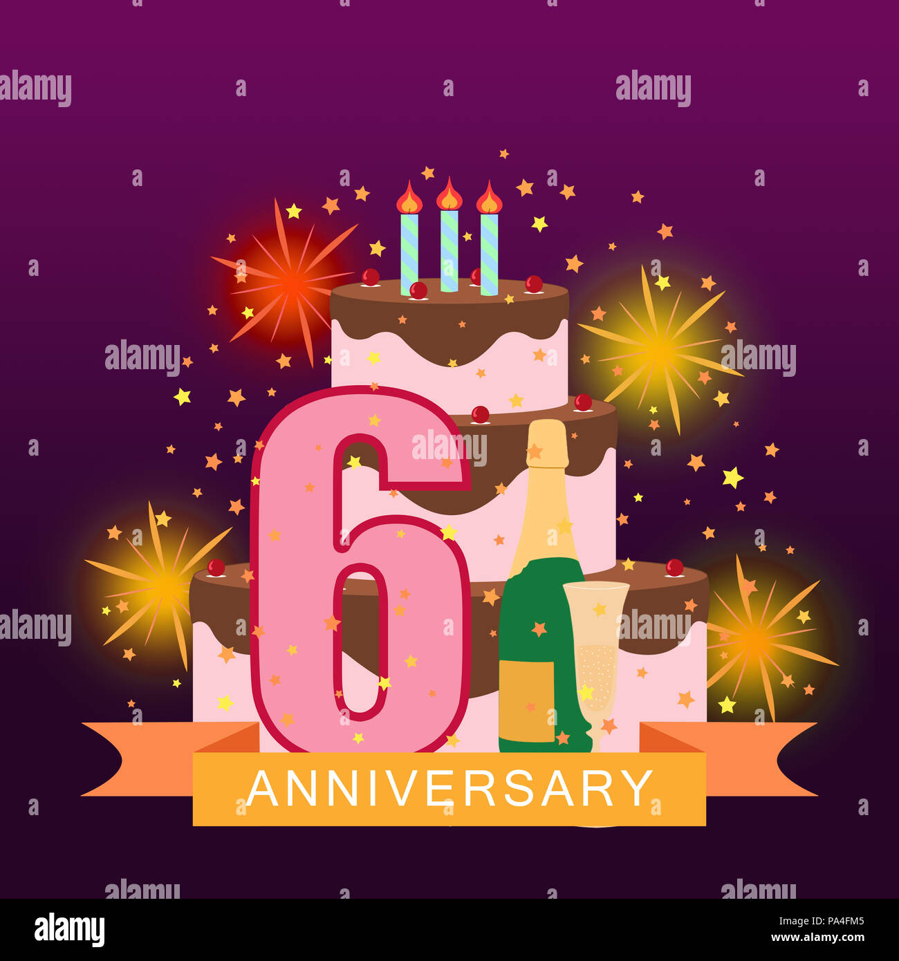 Illustrated image with the number six, cake, fireworks and star rain ...