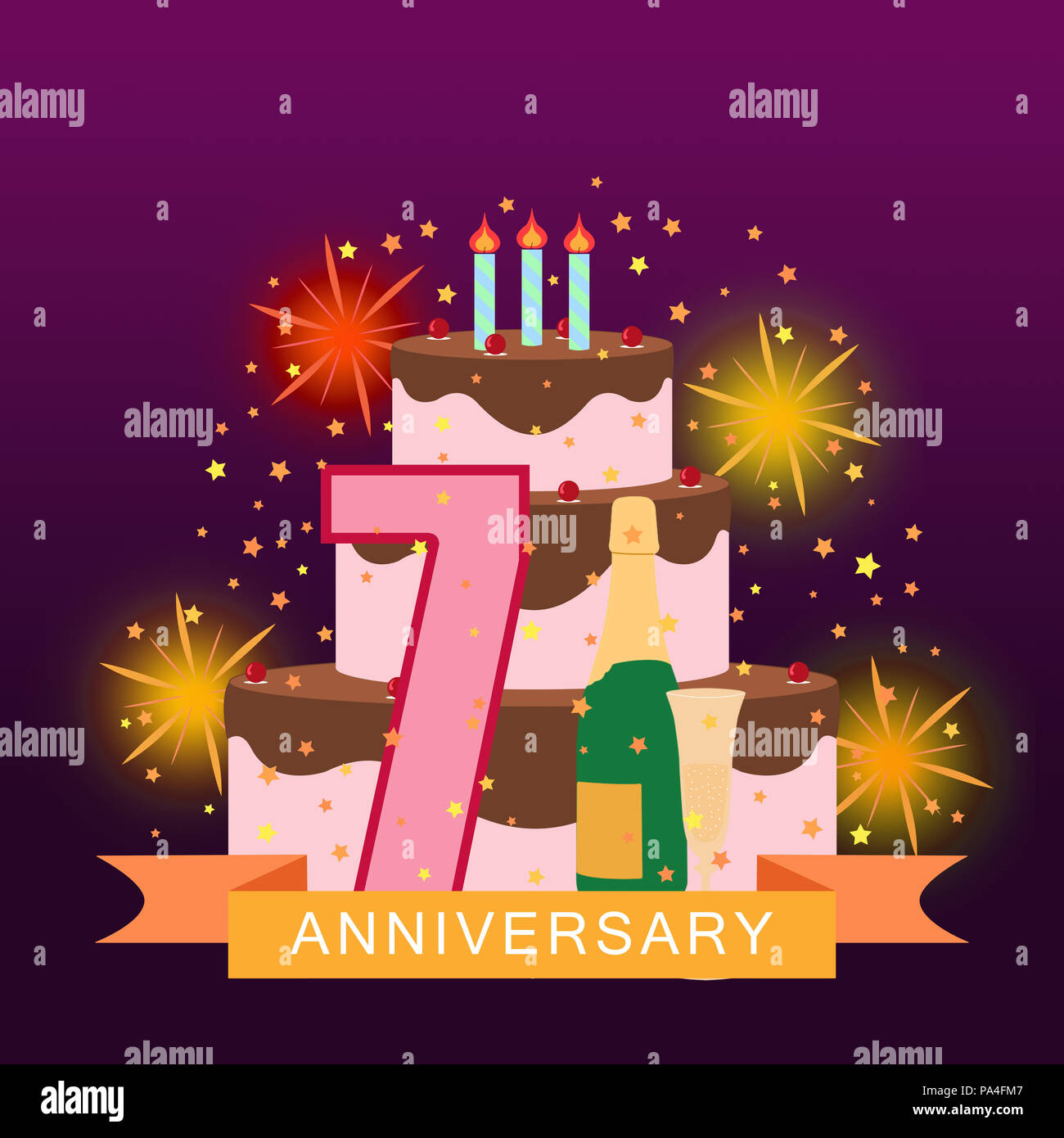 Illustrated image with the number seven, cake, fireworks and star rain ...